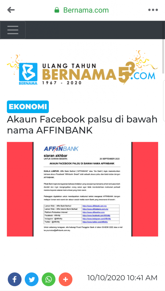 Akaun Palsu ‘Affin Bank’ Dikesan Di Facebook, Pengguna Diminta Waspada