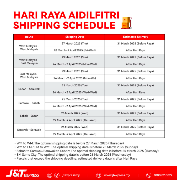 Jadual Penghantaran Barang J&T Express Sempena Raya 2025