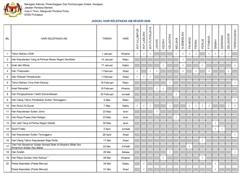 Jadual Penuh Cuti Umum 2026 Termasuk Persekutuan & Negeri