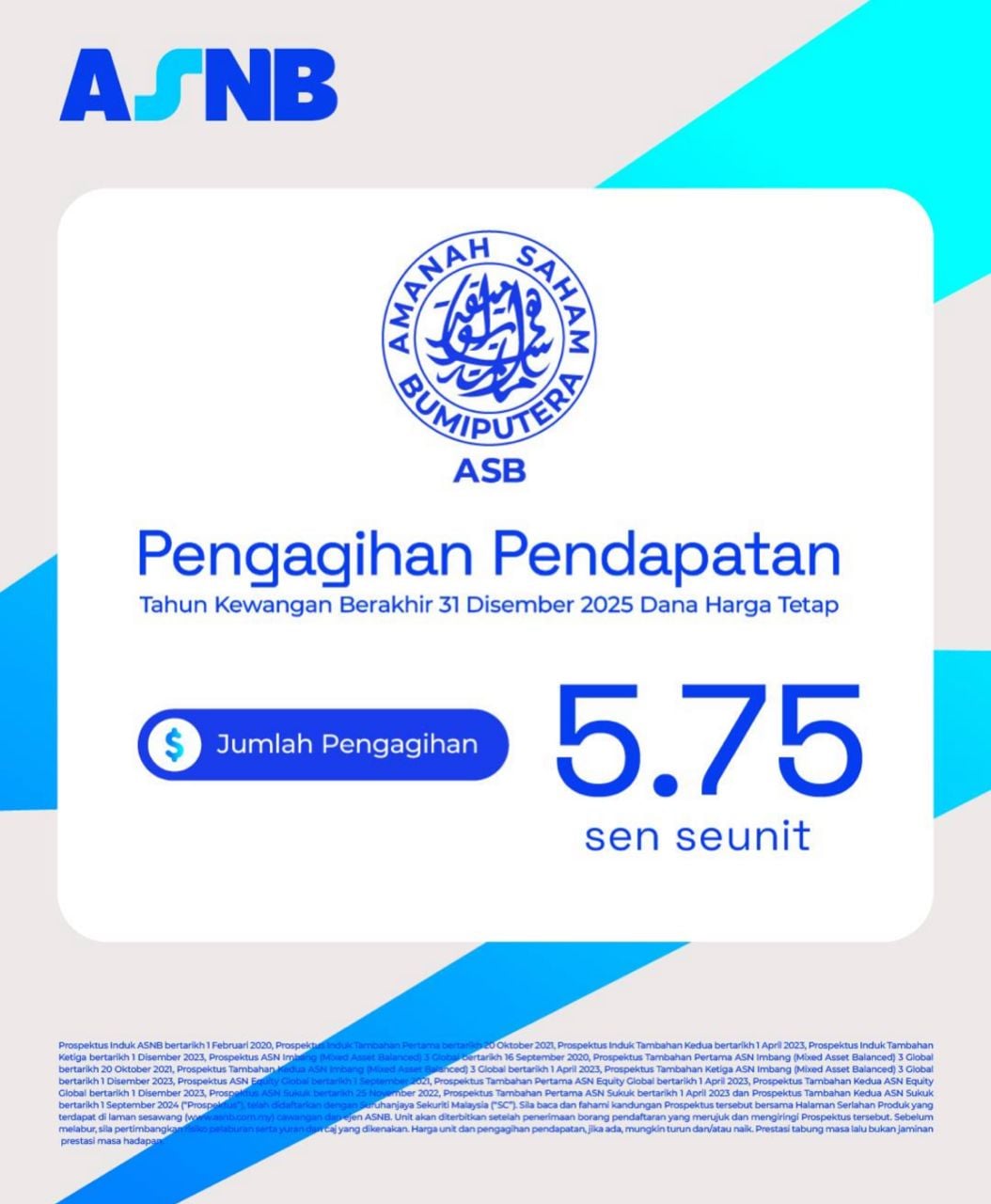 Dividen ASB Tahun 2025 Adalah Sebanyak 5.75 Sen Seunit