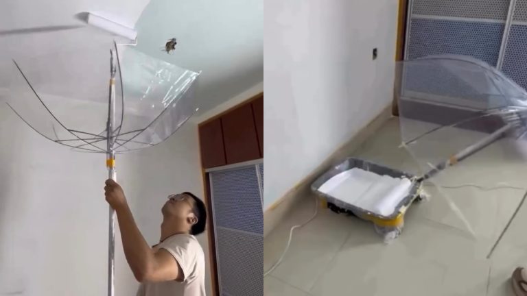 Bijak! Cat Siling Guna Payung Lama, Lantai Tiada Percikan