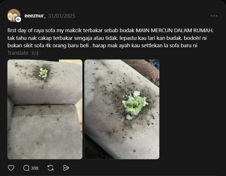 Budak Main Mercun Dalam Rumah Terkena Sofa Baharu RM4K